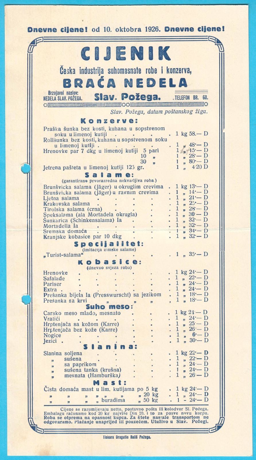 SLAVONSKA POŽEGA - BRAĆA NEDELA stari originalni cjenik iz 1926. god.