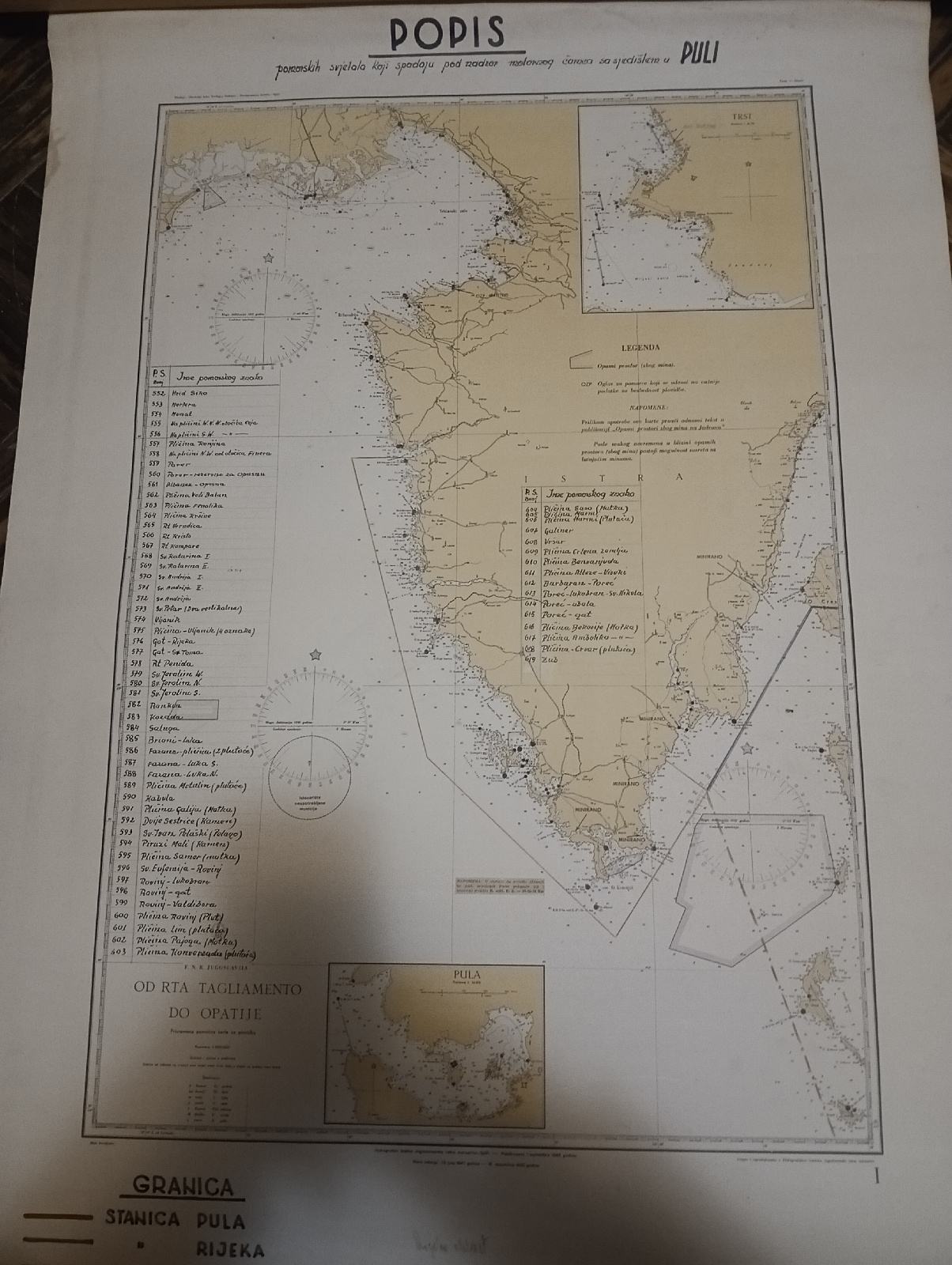 Stara pomorska karta, popis pomorskih svjetala Pula