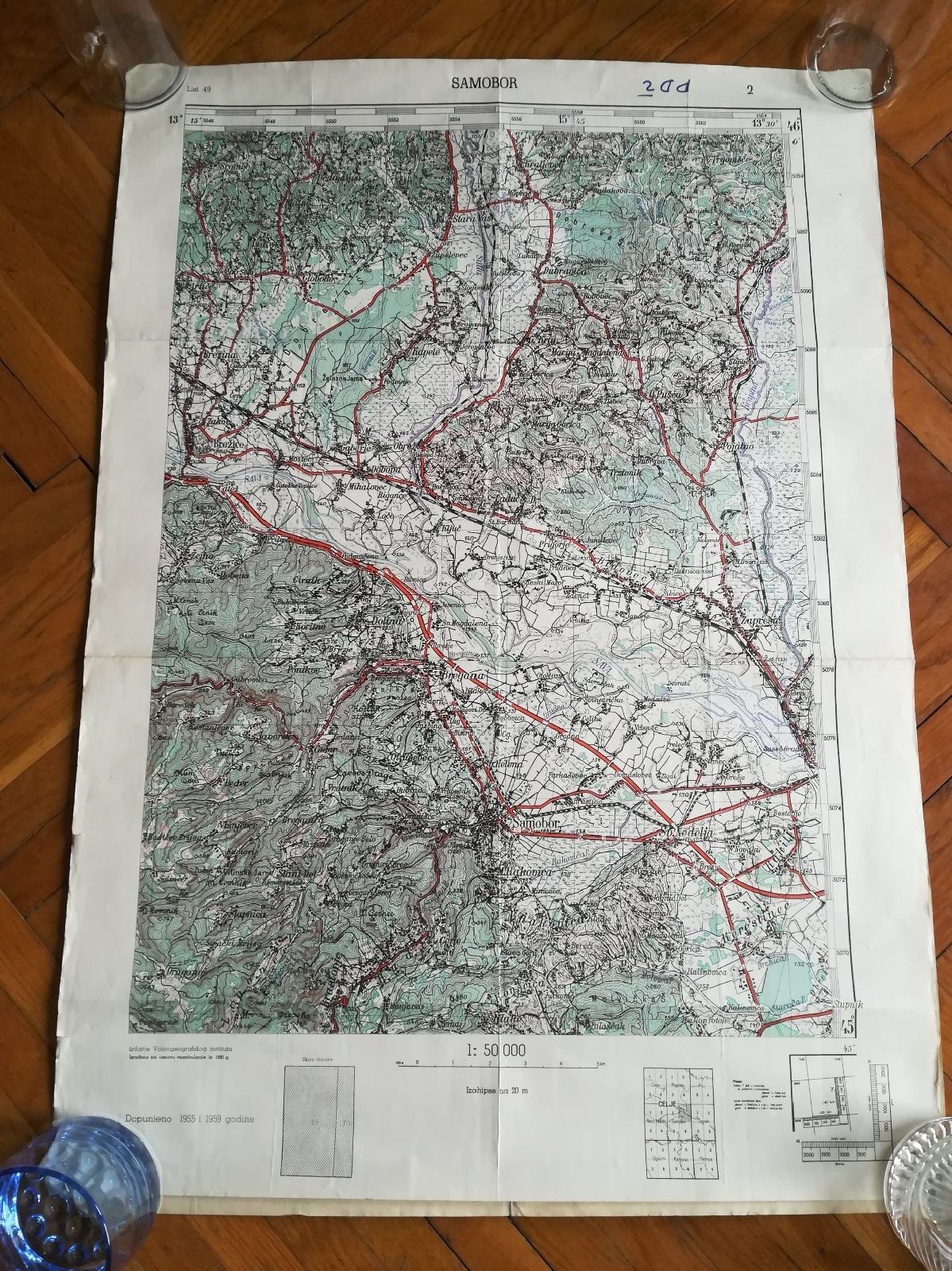 Stara topografska karta Samobor 2, 1:50 000, dimenzije 69x48cm