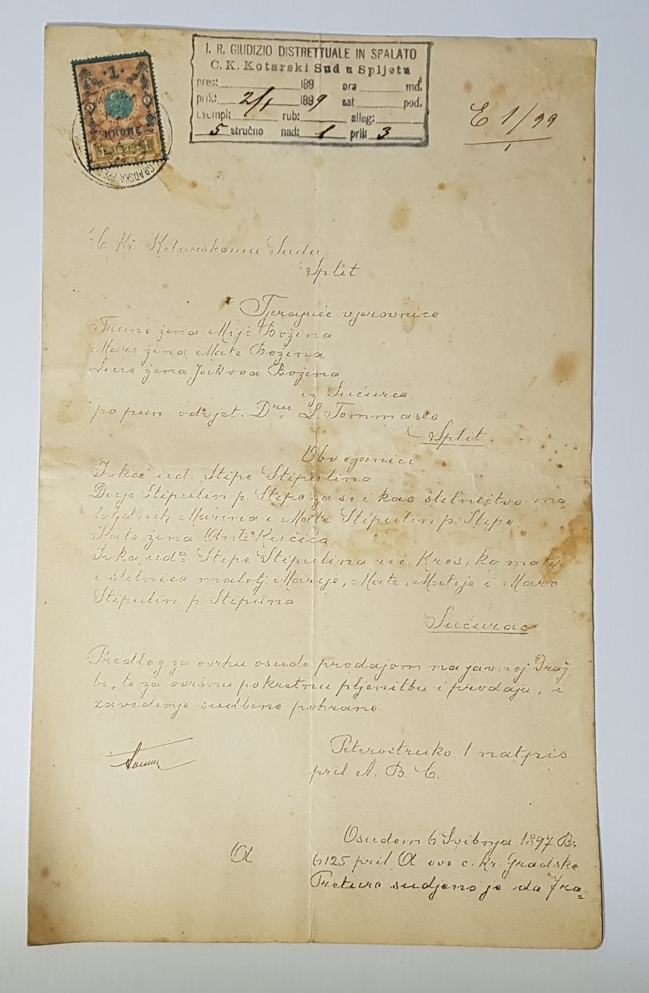 STARI DOKUMENAT, KOTARSKI SUD U SPLITU iz 1897.