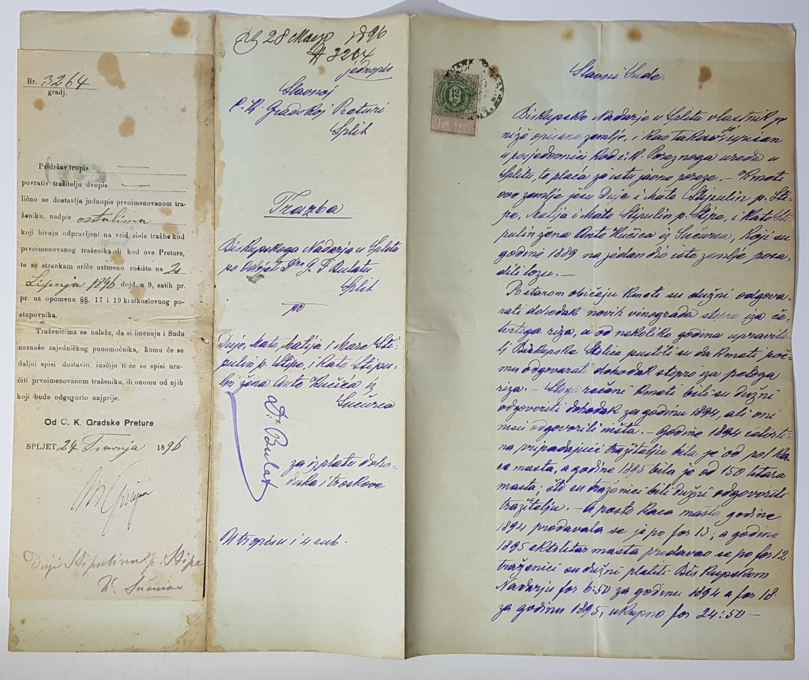 STARI DOKUMENAT, SUD, TUŽBA, SPLJET, 1896.