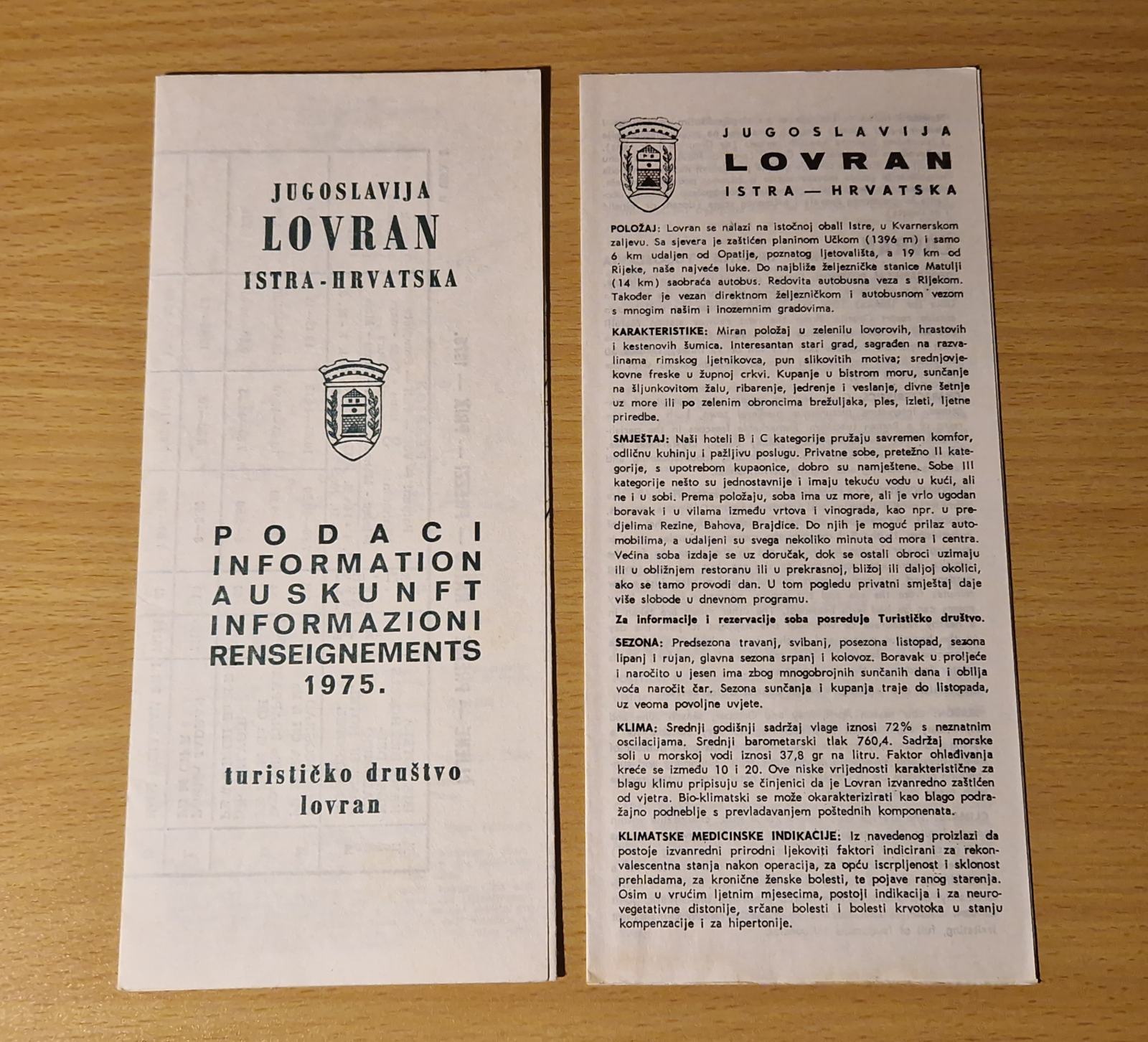 Stari ex Yu turist prospekt + mapa + Cjenik Lovran Istra