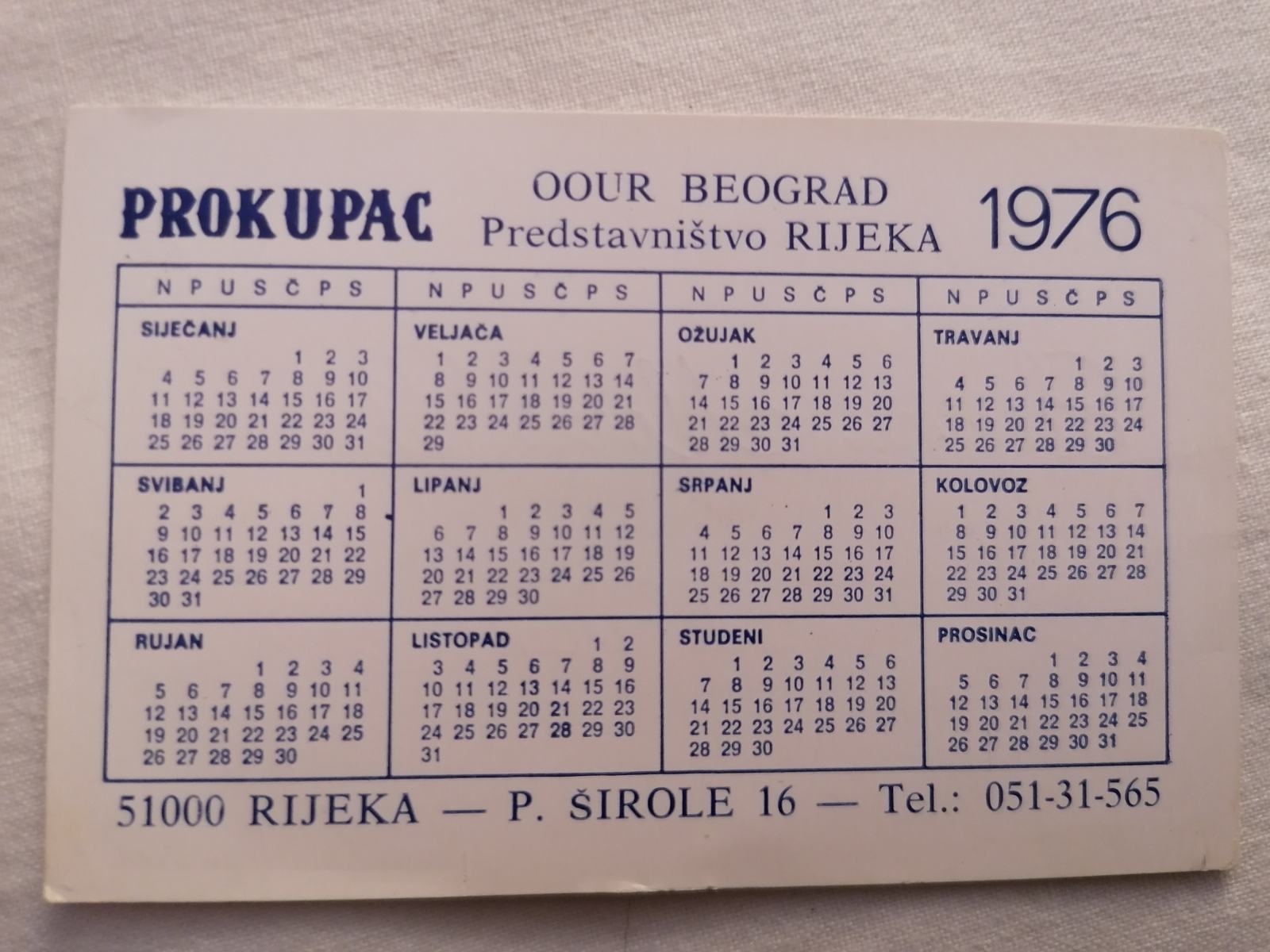 Stari mali kalendar 1976. PROKUPAC Predstavništvo Rijeka Sretna Nova G