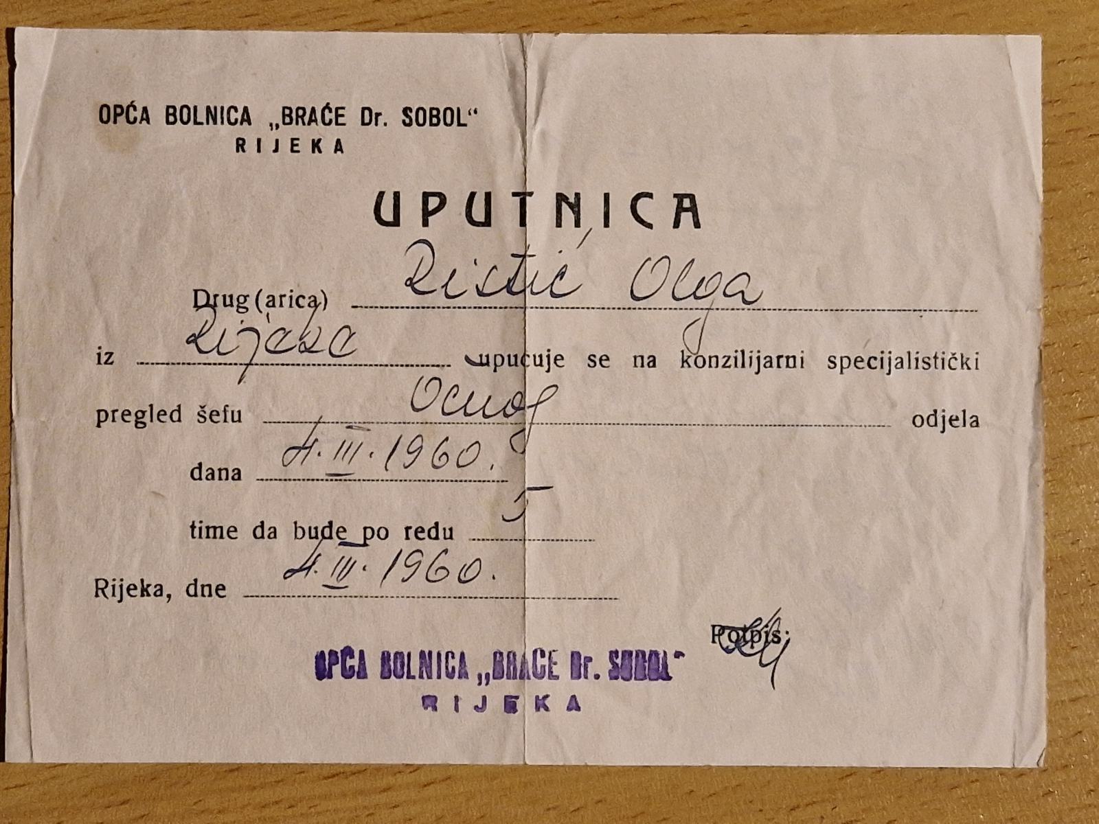 Uputnica Bolnica Braće Dr. Sobol Rijeka