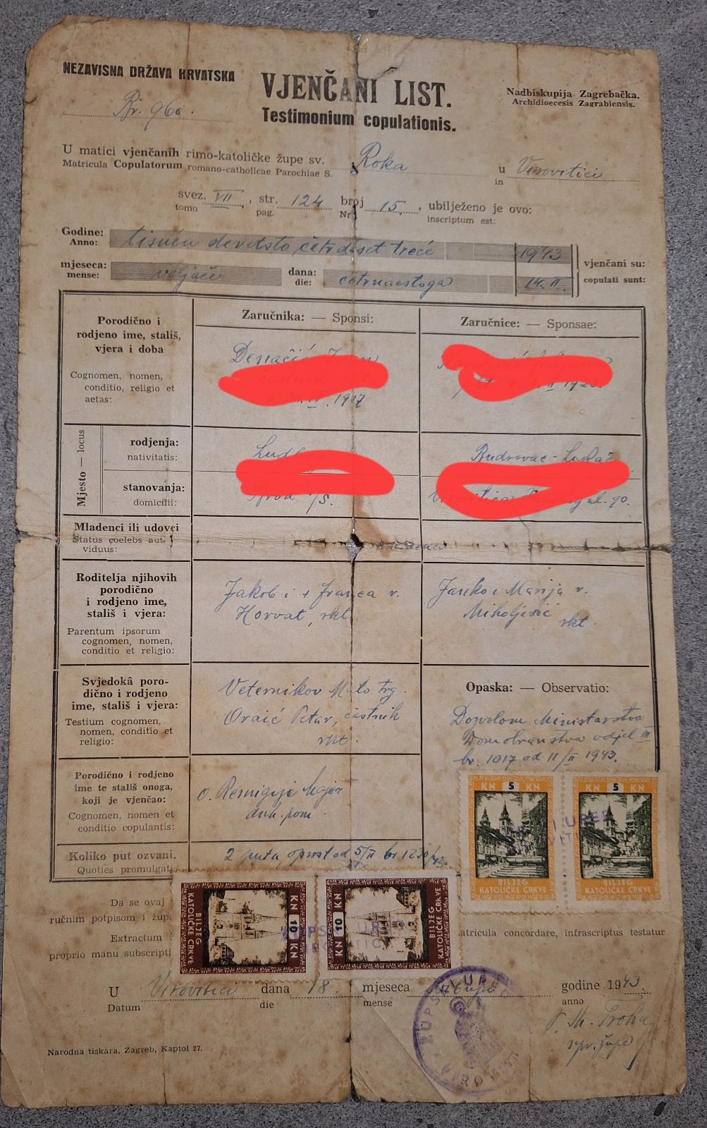 VJENČANI LIST ŽUPA SV. ROKA VIROVITICA IZ 1943. GODINE