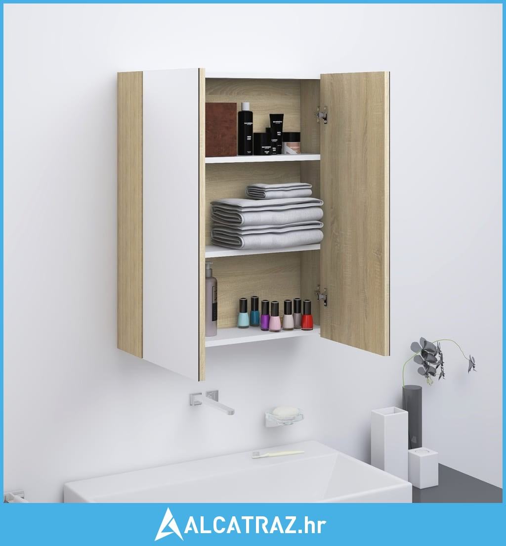 Kupaonski ormarić s ogledalom 60x15x75 cm MDF bijeli i hrast - NOVO