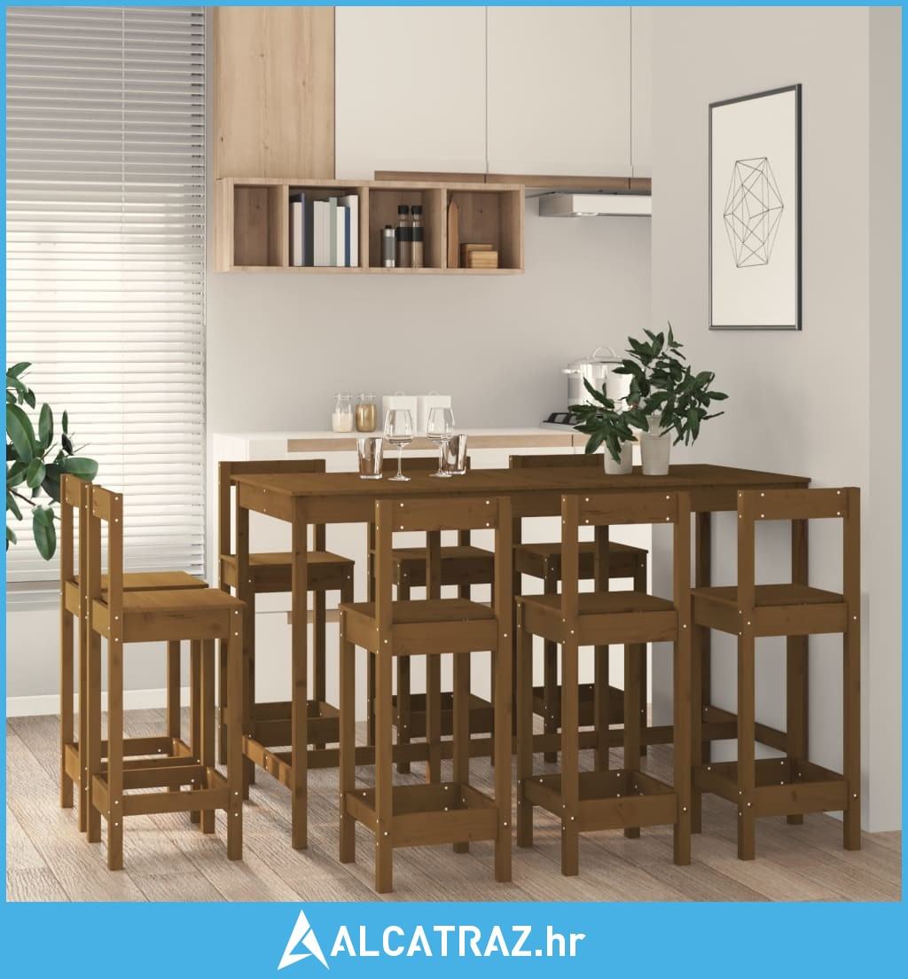 9-dijelni barski set boja meda od masivne borovine - NOVO