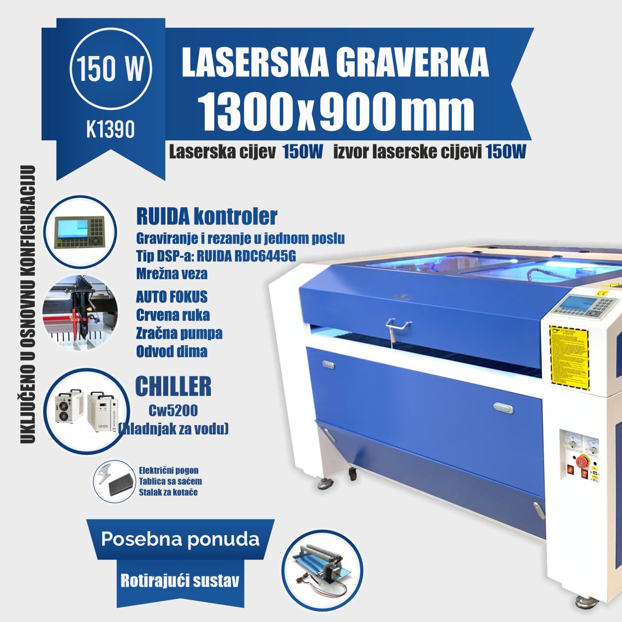 LASERSKI GRAVER - K1390 EFR F8 – LASERSKA CIJEV 150 W RUIDA KONTROLOR