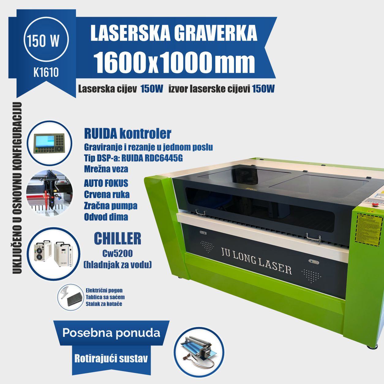 LASERSKI GRAVER - K1610 EFR F8 – LASERSKA CIJEV 150 W RUIDA KONTROLOR