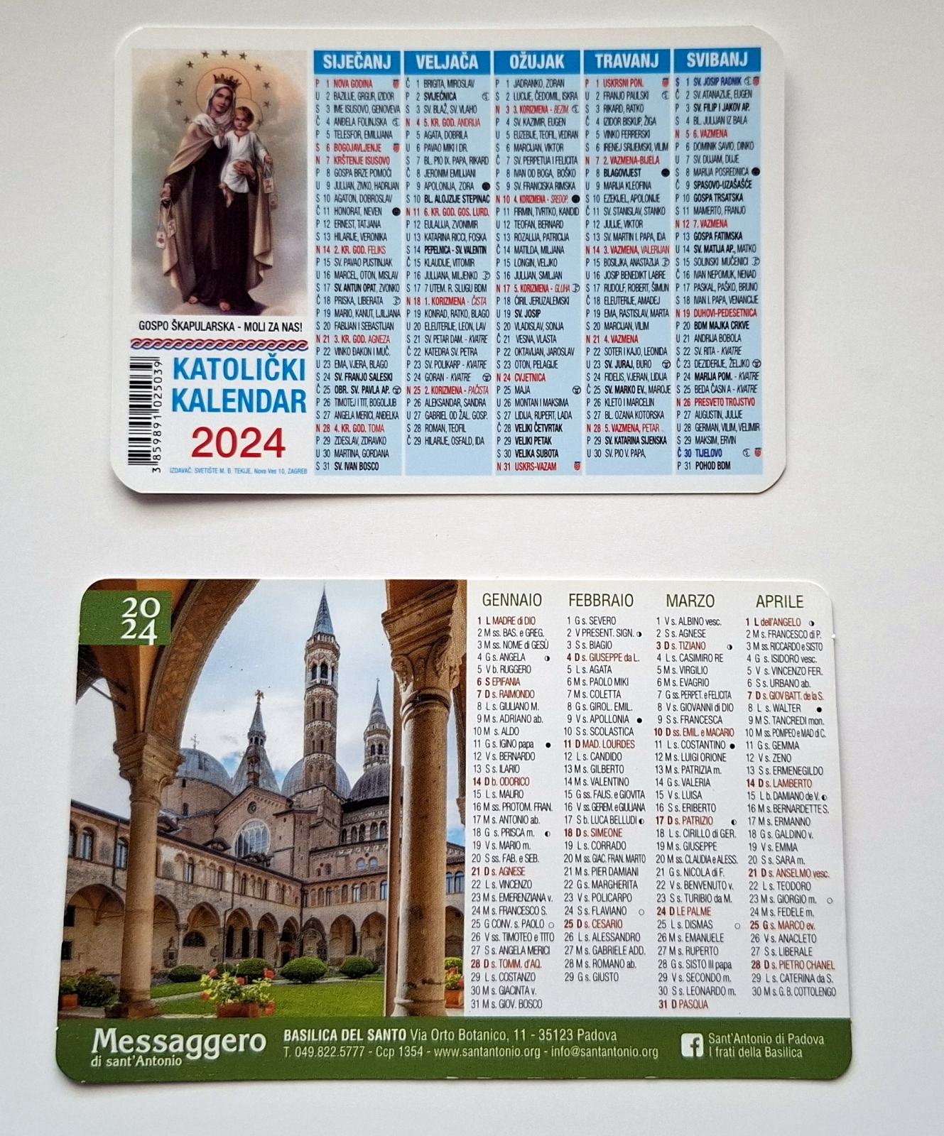 DŽEPNI KATOLIČKI KALENDAR 2024, 2 komada, Hrvatski i Talijanski