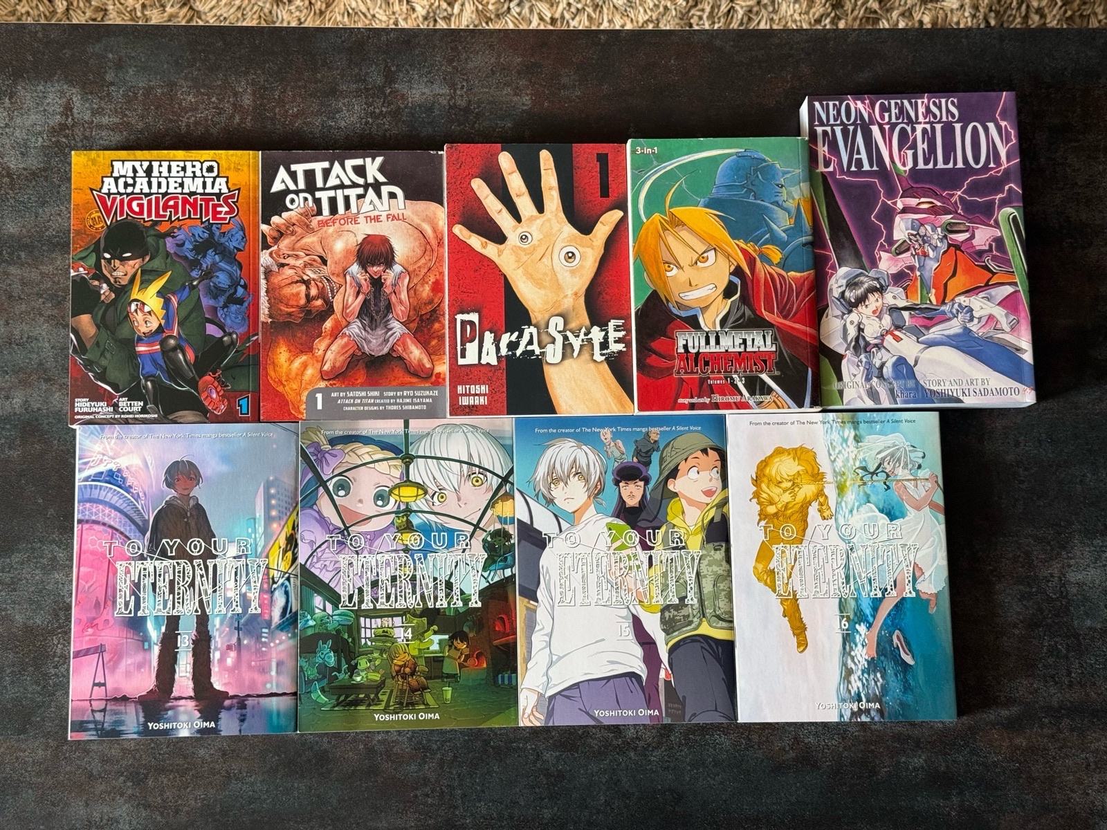 MANGE / MHA, AOT, Parasyte, FMA, Evangelion, To Your Eternity