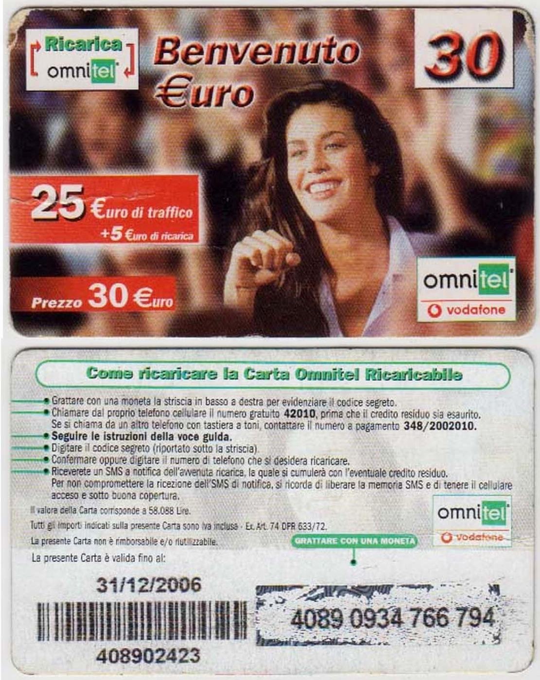 ITALIJA ITALY 02 OMNITEL VODAFONE BON ZA MOBITEL 30 E 31/12/ 2006