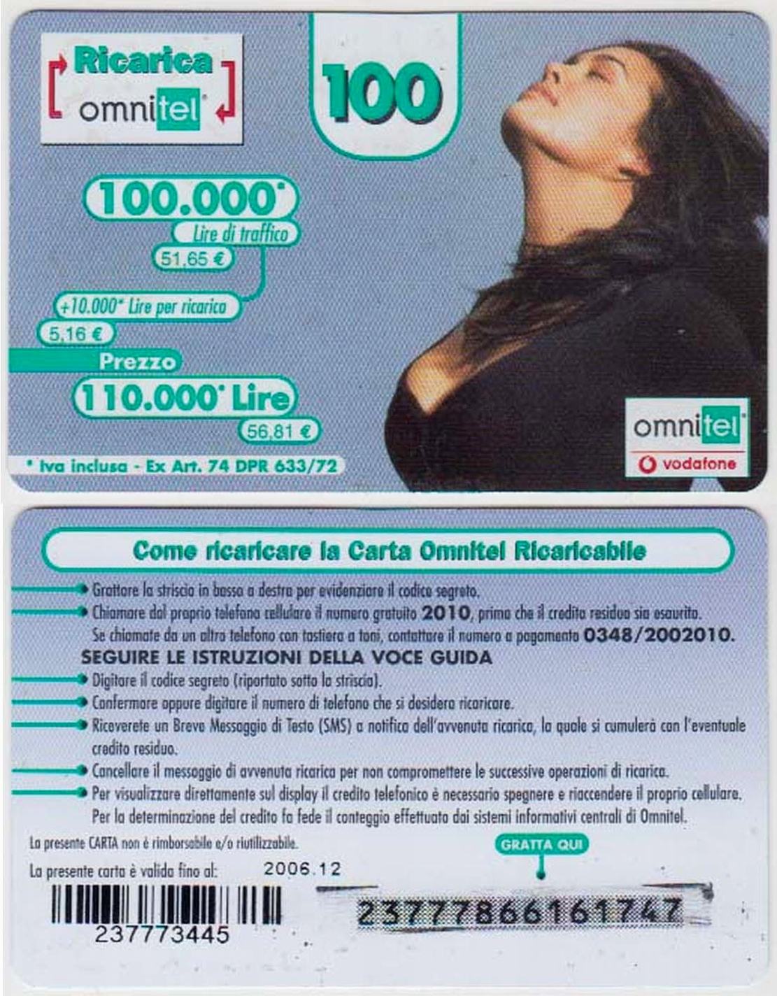 ITALIJA ITALY 08 OMNITEL VODAFONE BON ZA MOBITEL L 100 000 2006.12