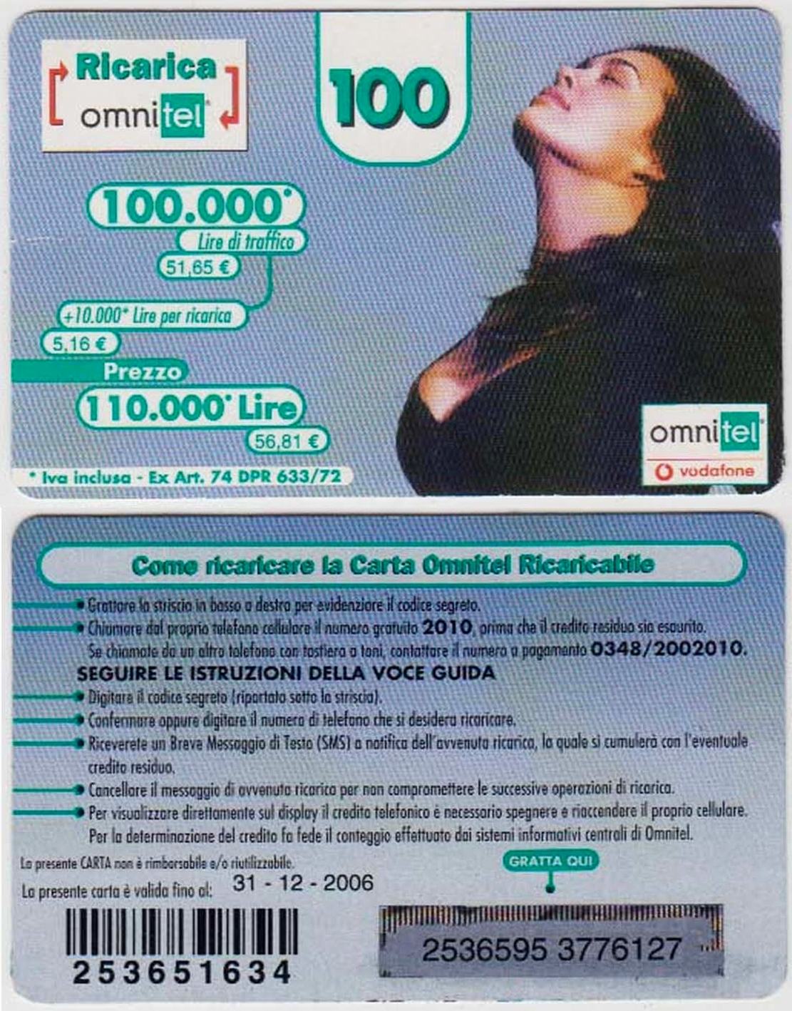 ITALIJA ITALY 09 OMNITEL VODAFONE BON ZA MOBITEL L 100 000 31-12-2006