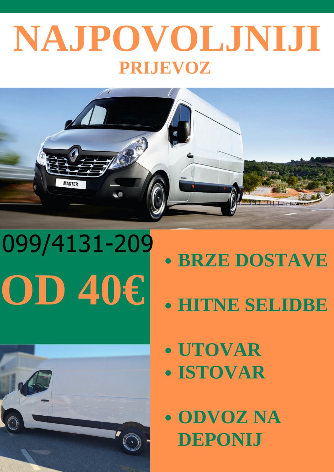 AKCIJA !!! KOMBI USLUGE PRIJEVOZA,SELIDBE VEĆ OD 10e-1h 099/4131-209