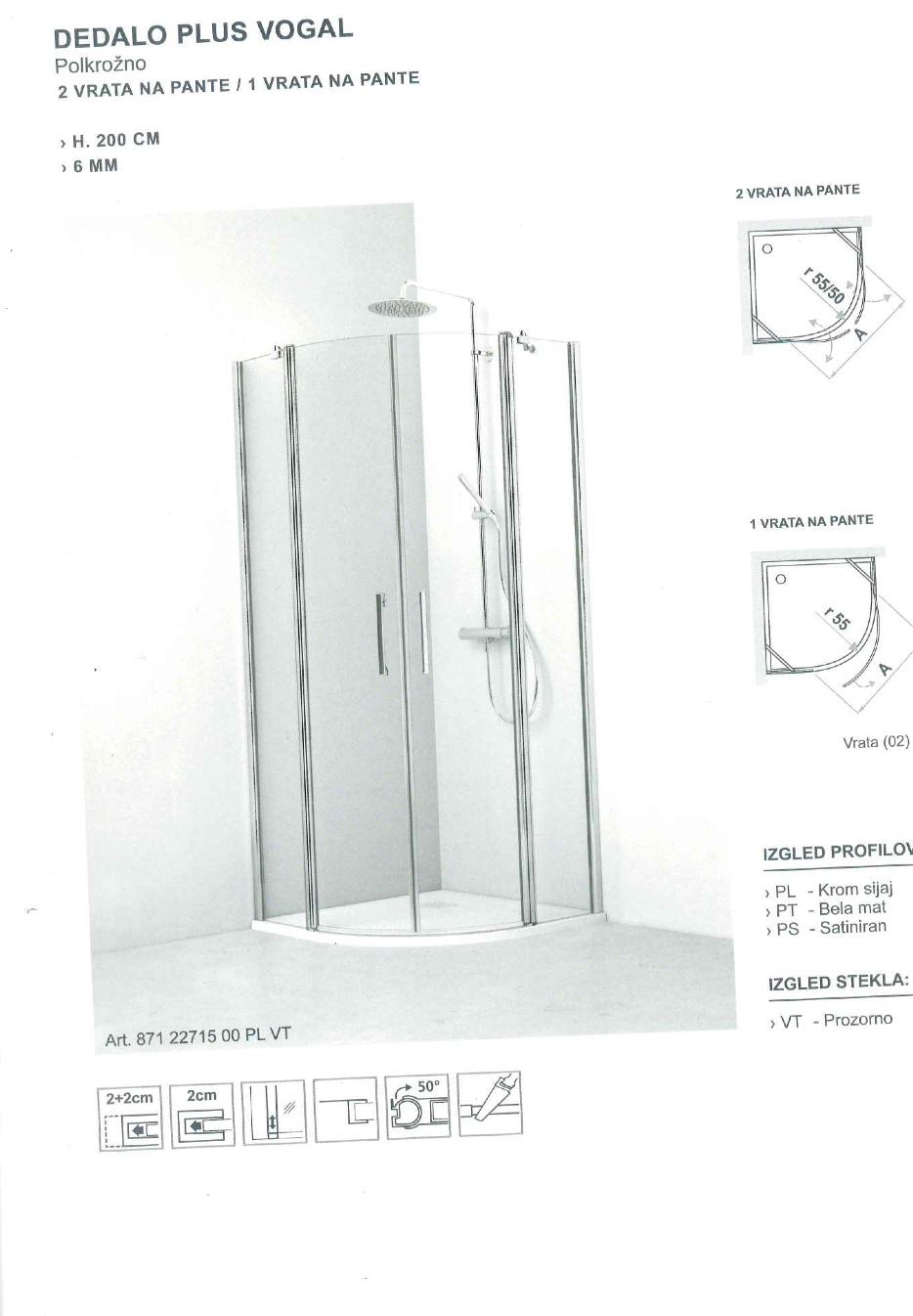 Tuš kabina polukružna 77,5-79,5cm ARBLU DEDALO