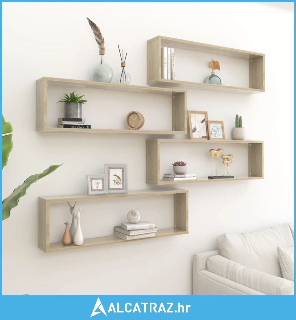 Kockaste zidne police 4 kom boja hrasta 100 x 15 x 30 cm drvene - NOVO