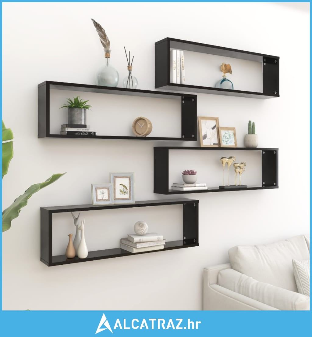 Kockaste zidne police 4 kom crne 100 x 15 x 30 cm od iverice - NOVO