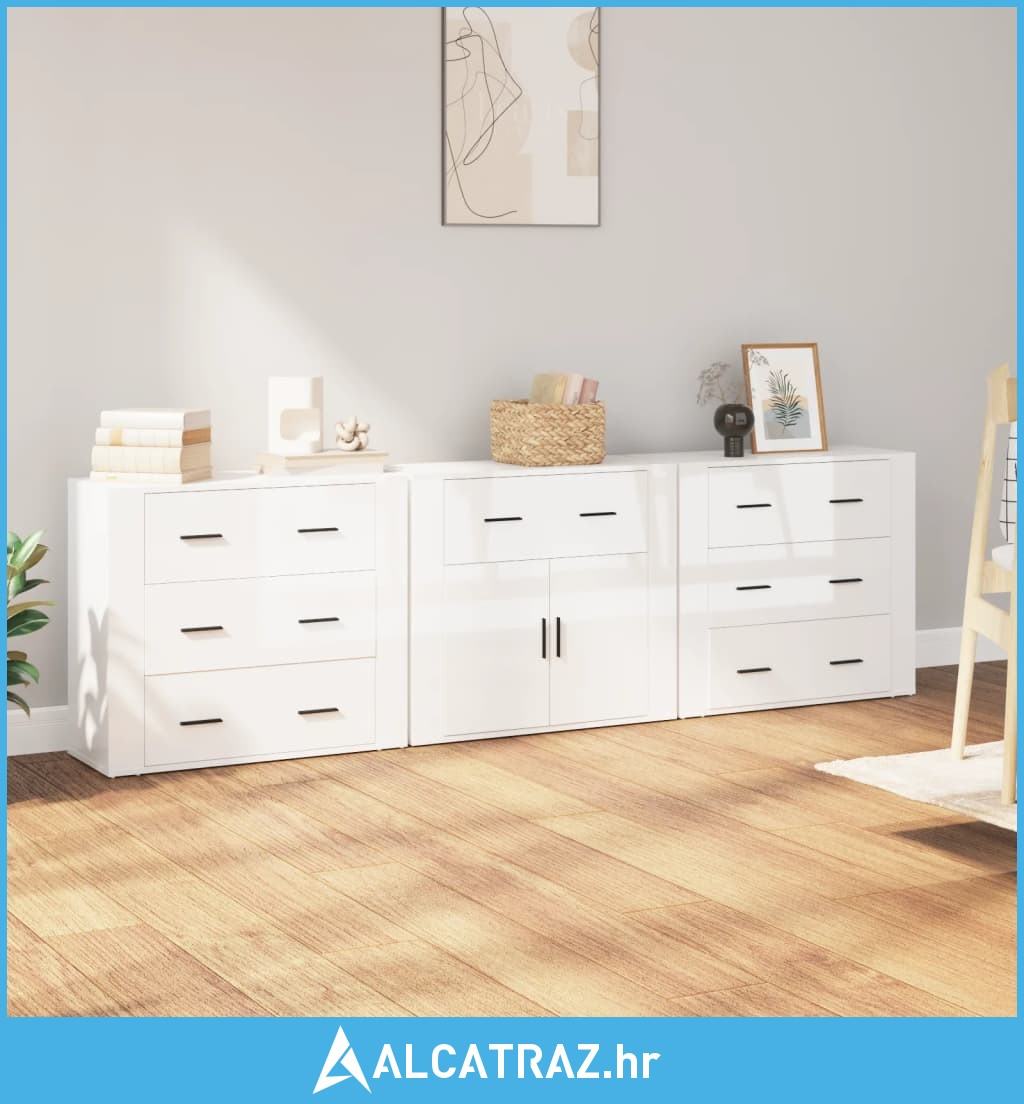 Komode sjajne bijele 3 kom od konstruiranog drva - NOVO
