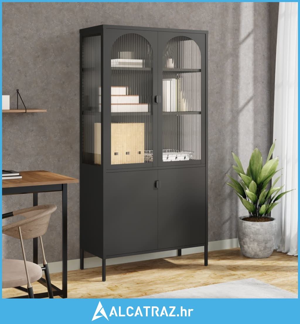 Visoka komoda crna 90 x 40 x 180 cm od stakla i čelika - NOVO