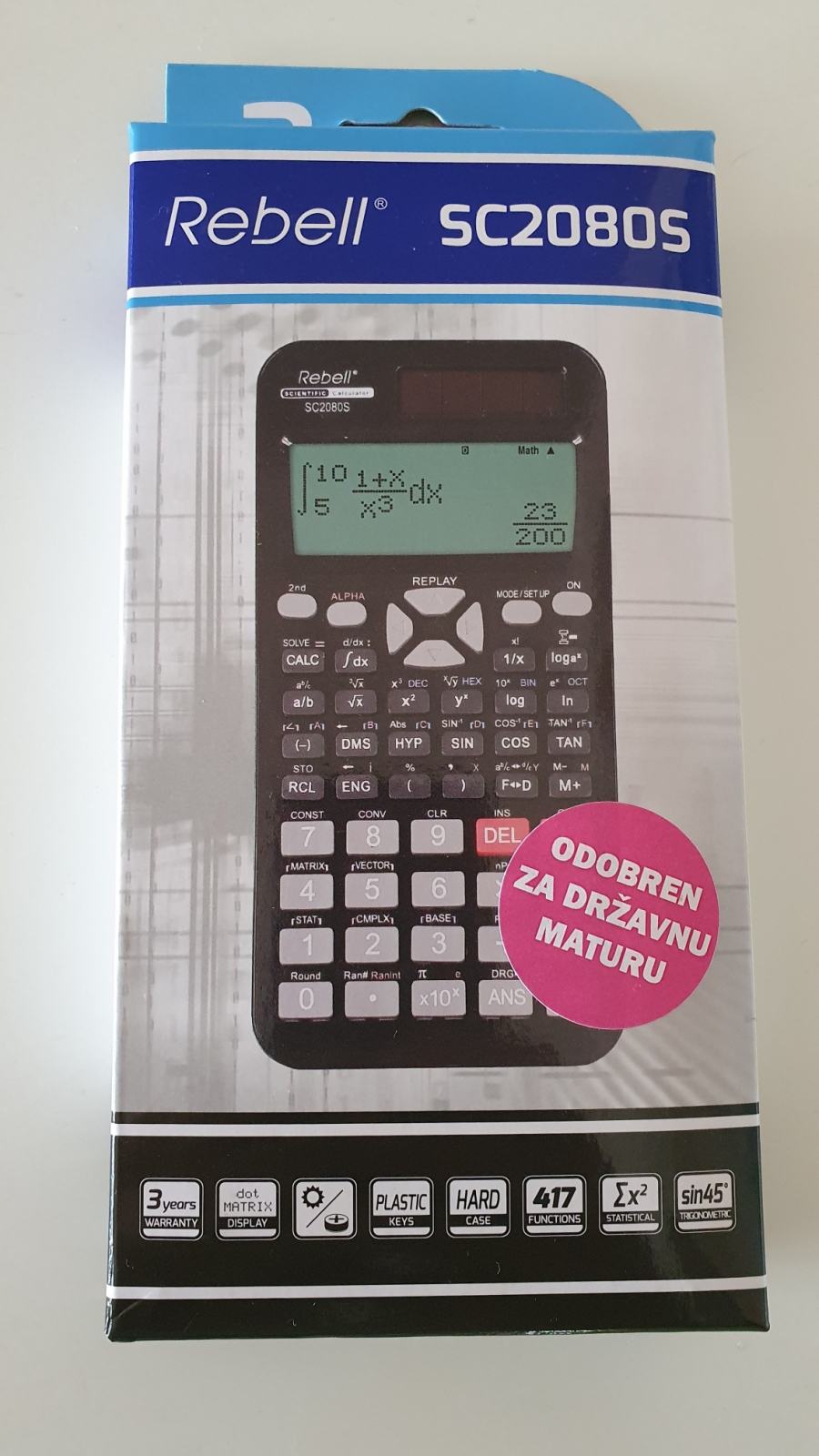 Kalkulator znanstveni Rebell SC2080S, digitron - NOVO! za maturu