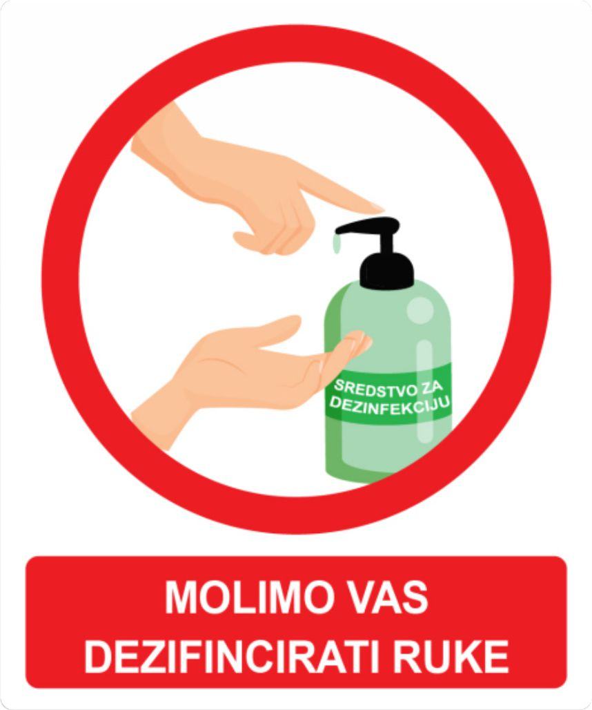 ***Naljepnice upozorenja, dezinfekcija ruku, razmak 2m