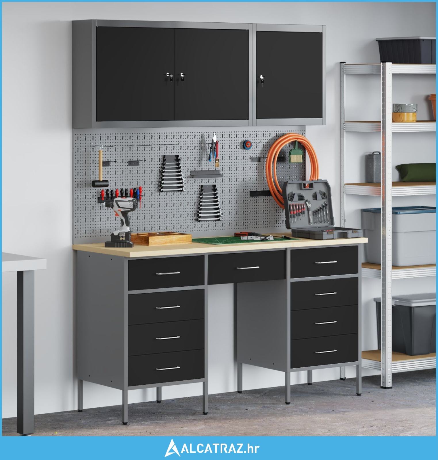 Set radnog ormara i oglasne ploče s 8 dijelova - crni MDF i metal - NO