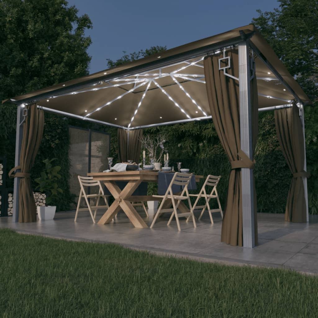 Sjenica sa zastorima i LED svjetlima 400 x 300 cm smeđe-siva - NOVO