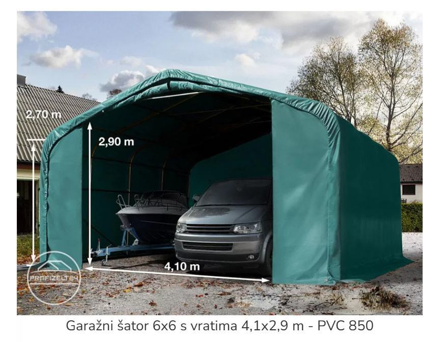 Garažni šator 6×6 s vratima 4,1×2,9 m – PVC 850 | Besplatna dostava