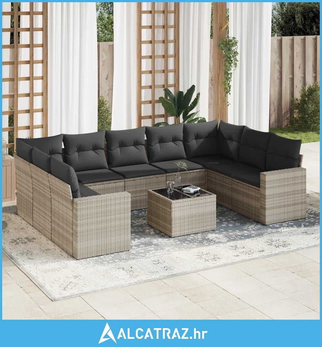 10-dijelni set vrtnih sofa poliratan s jastucima svijetlosivi - NOVO