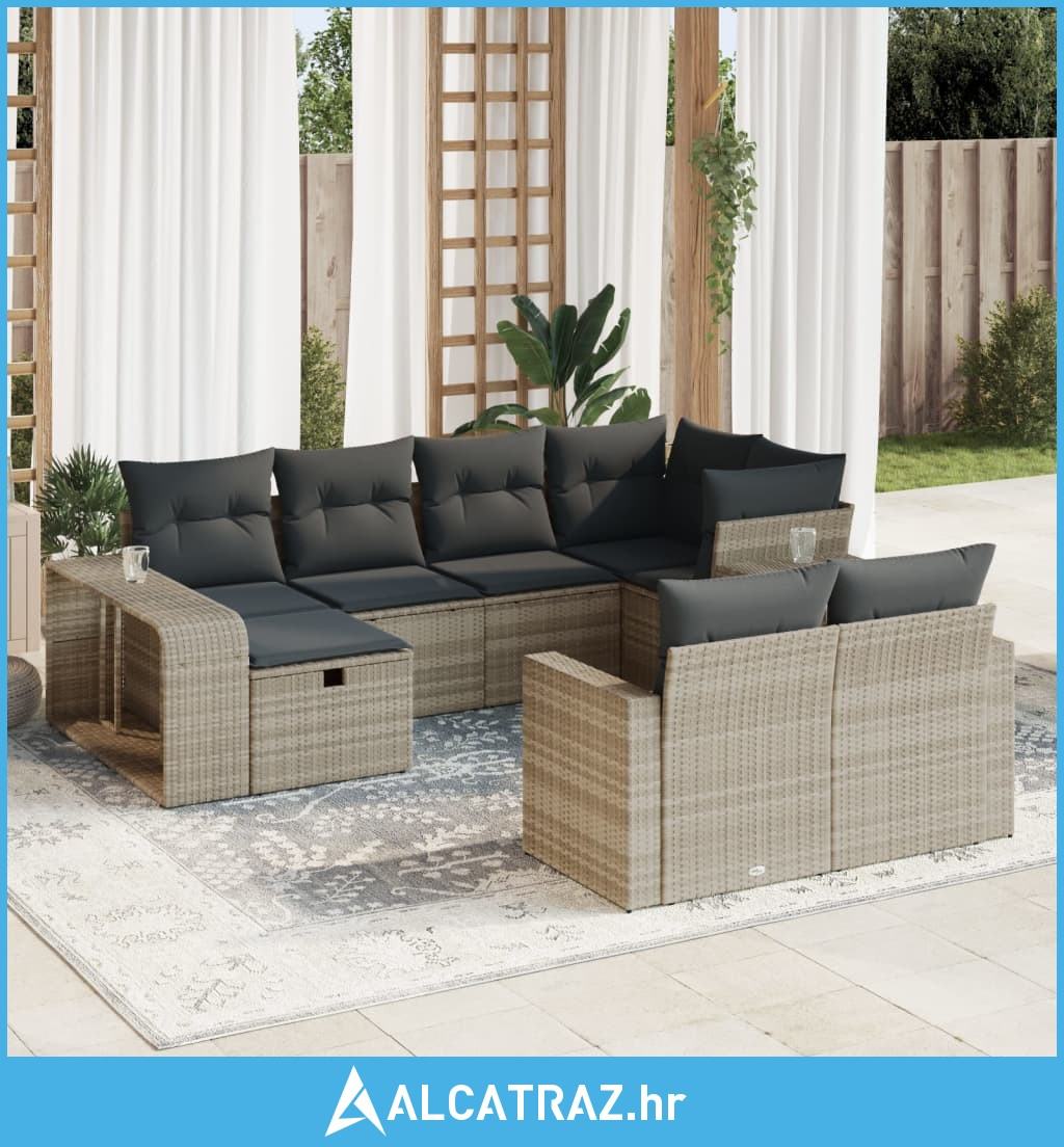 10-dijelni set vrtnih sofa poliratan s jastucima svijetlosivi - NOVO