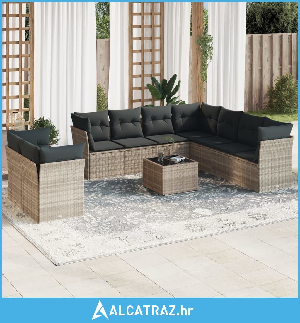 10-dijelni set vrtnih sofa poliratan s jastucima svijetlosivi - NOVO