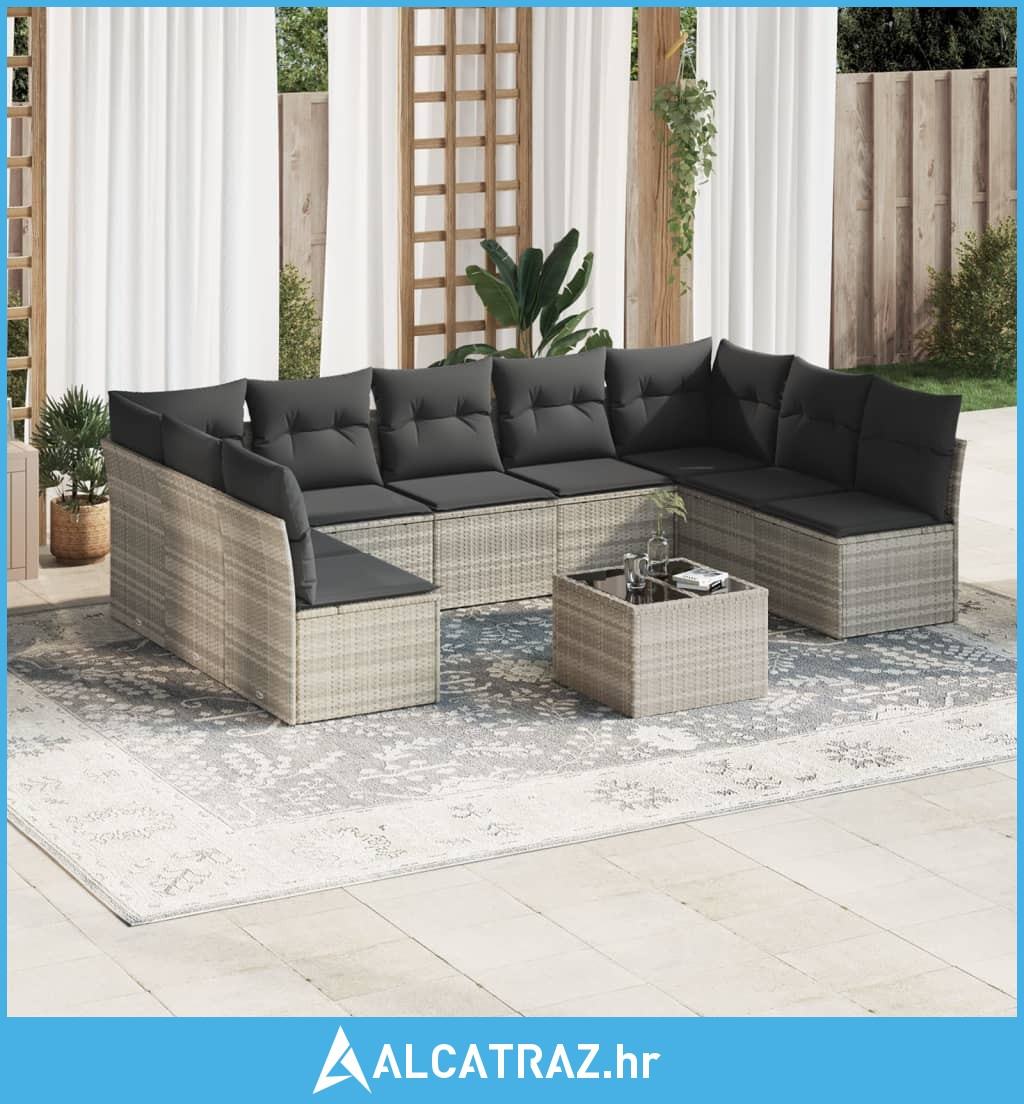 10-dijelni set vrtnih sofa poliratan s jastucima svijetlosivi - NOVO