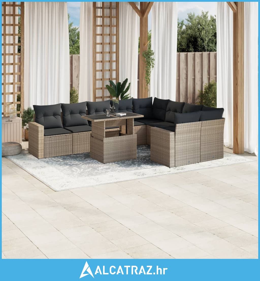 10-dijelni set vrtnih sofa poliratan s jastucima svijetlosivi - NOVO