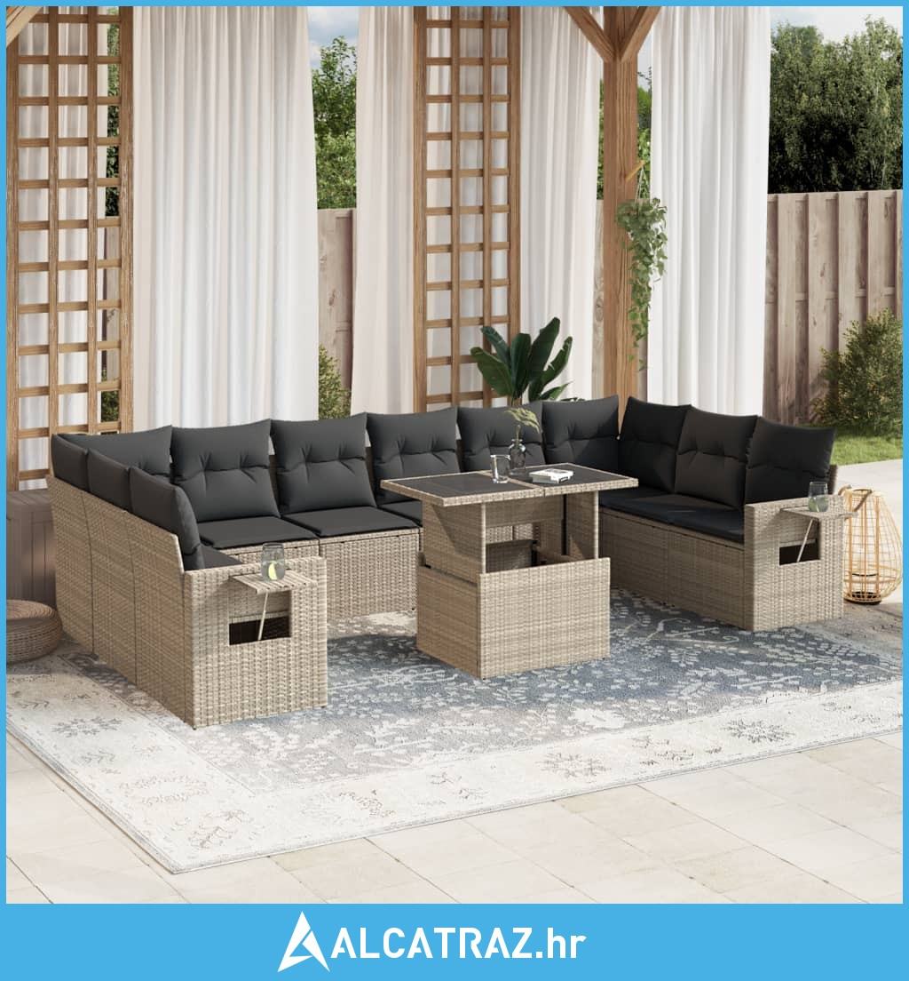 11-dijelni set vrtnih sofa poliratan s jastucima svijetlosivi - NOVO