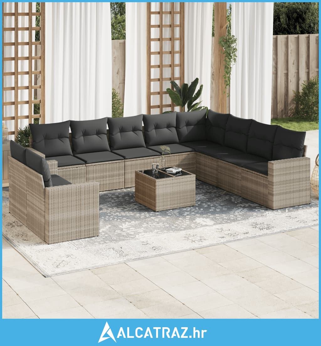 11-dijelni set vrtnih sofa poliratan s jastucima svijetlosivi - NOVO