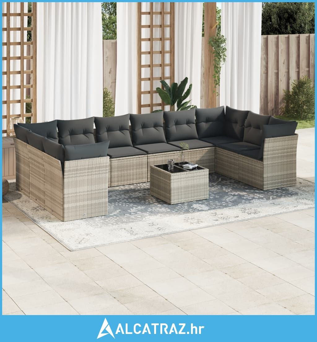 11-dijelni set vrtnih sofa poliratan s jastucima svijetlosivi - NOVO