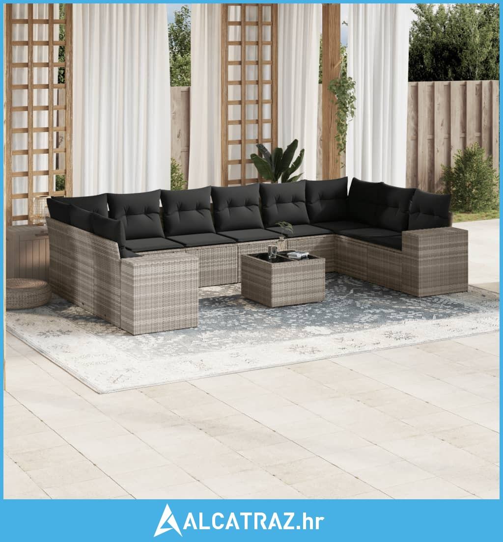11-dijelni set vrtnih sofa poliratan s jastucima svijetlosivi - NOVO