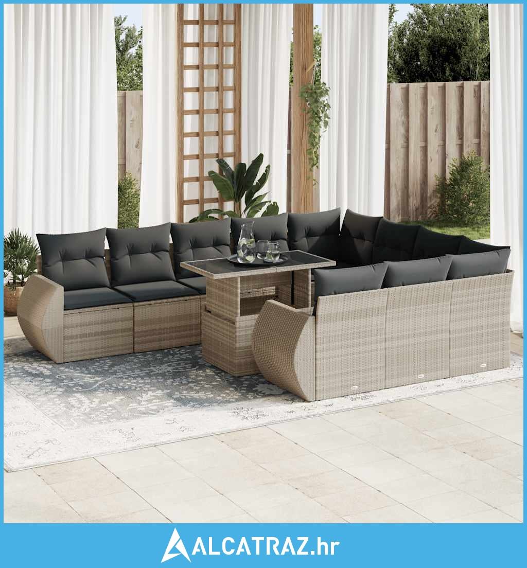 11-dijelni set vrtnih sofa poliratan s jastucima svijetlosivi - NOVO