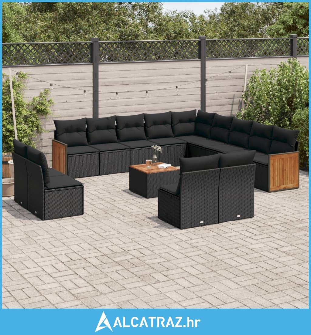 14-dijelni set vrtnih sofa s jastucima poliratan crni - NOVO