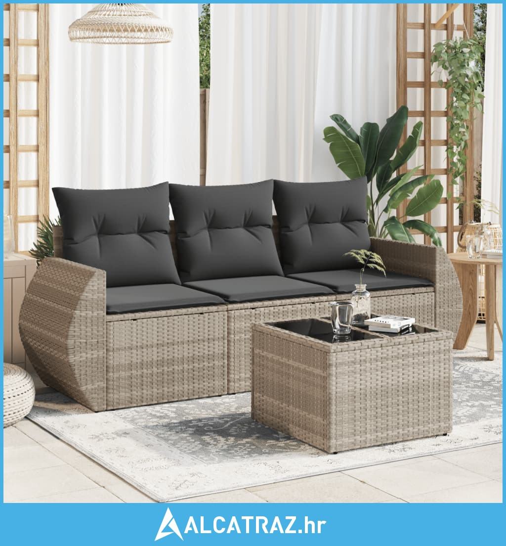 4-dijelni set vrtnih sofa s jastucima svijetlosivi poliratan - NOVO