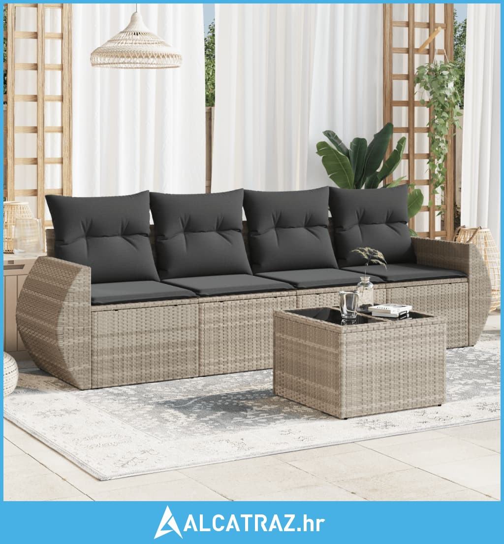 5-dijelna vrtna garnitura s jastucima svijetlosiva poliratan - NOVO