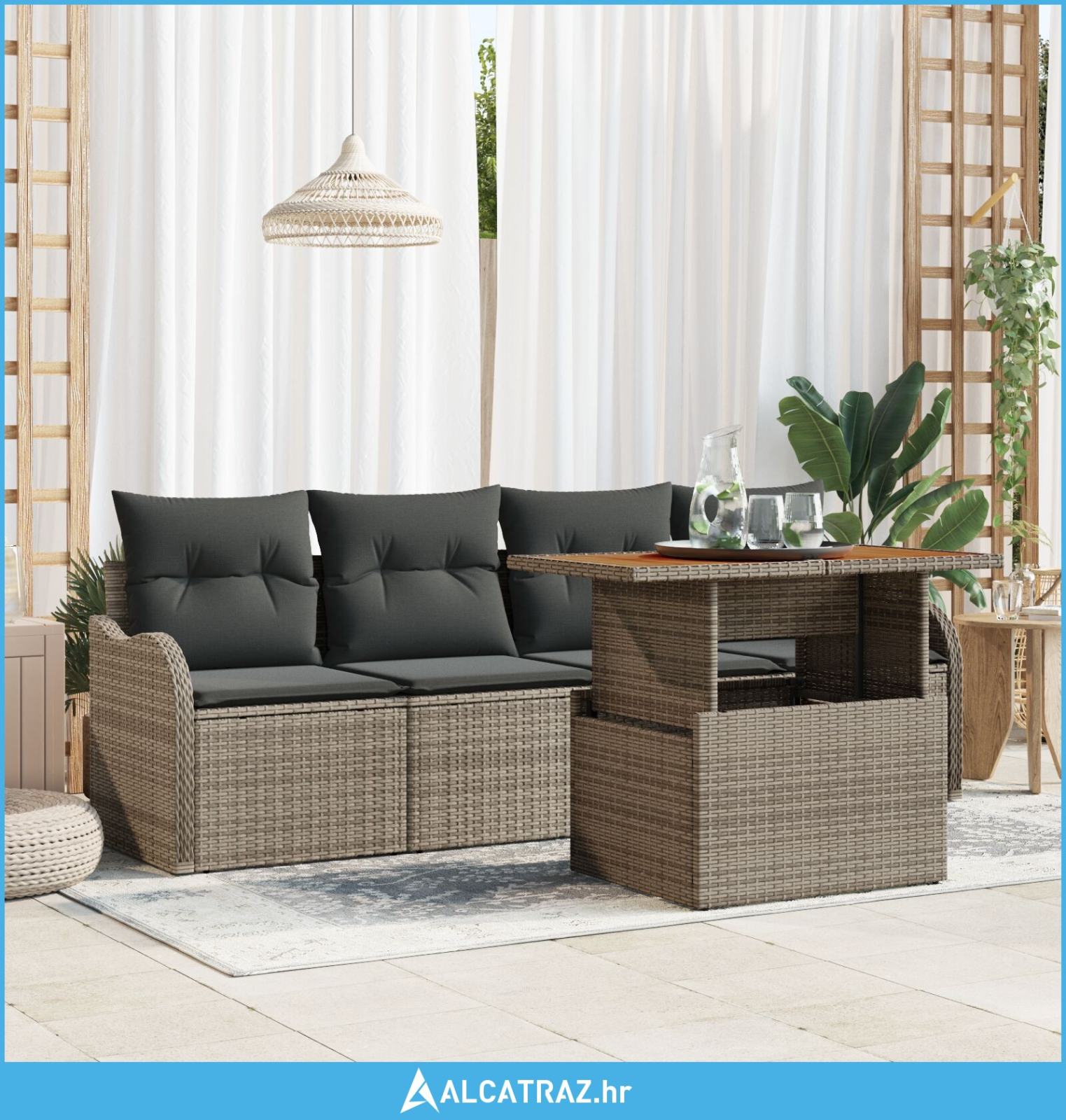 5-dijelni set vrtne sofe s jastučićima siva poliratan akacija, 2-sjedn