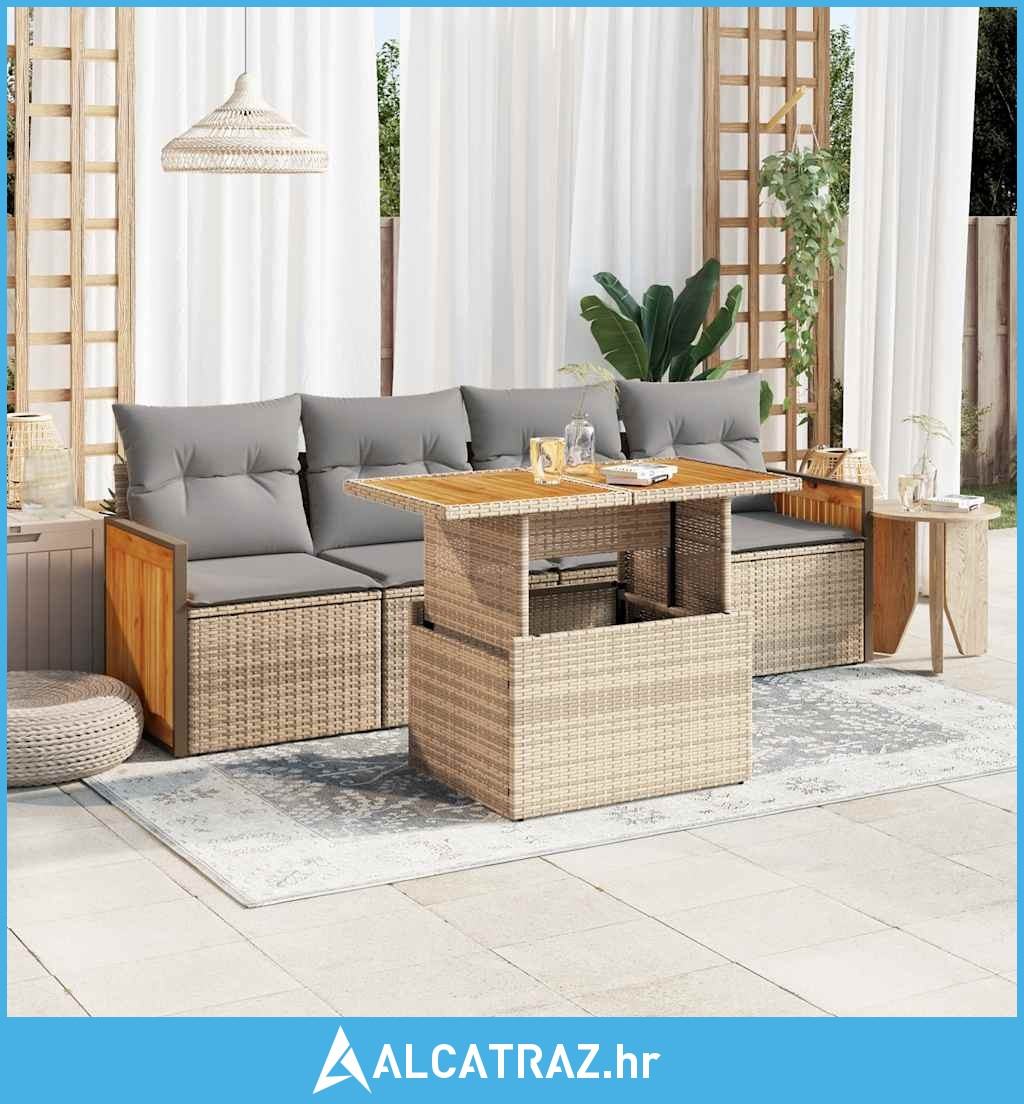 5-dijelni set vrtnih sofa s jastucima poliratan i bagrem bež - NOVO