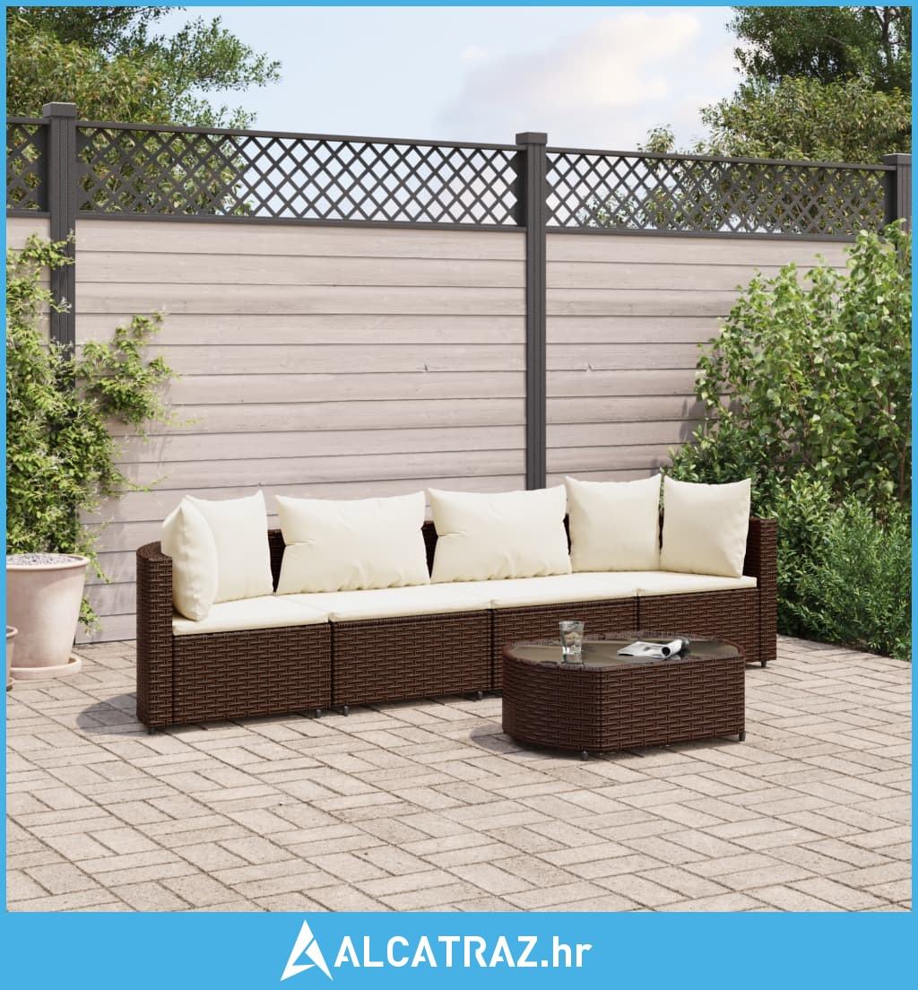 5-dijelni set vrtnih sofa s jastucima poliratan smeđi - NOVO