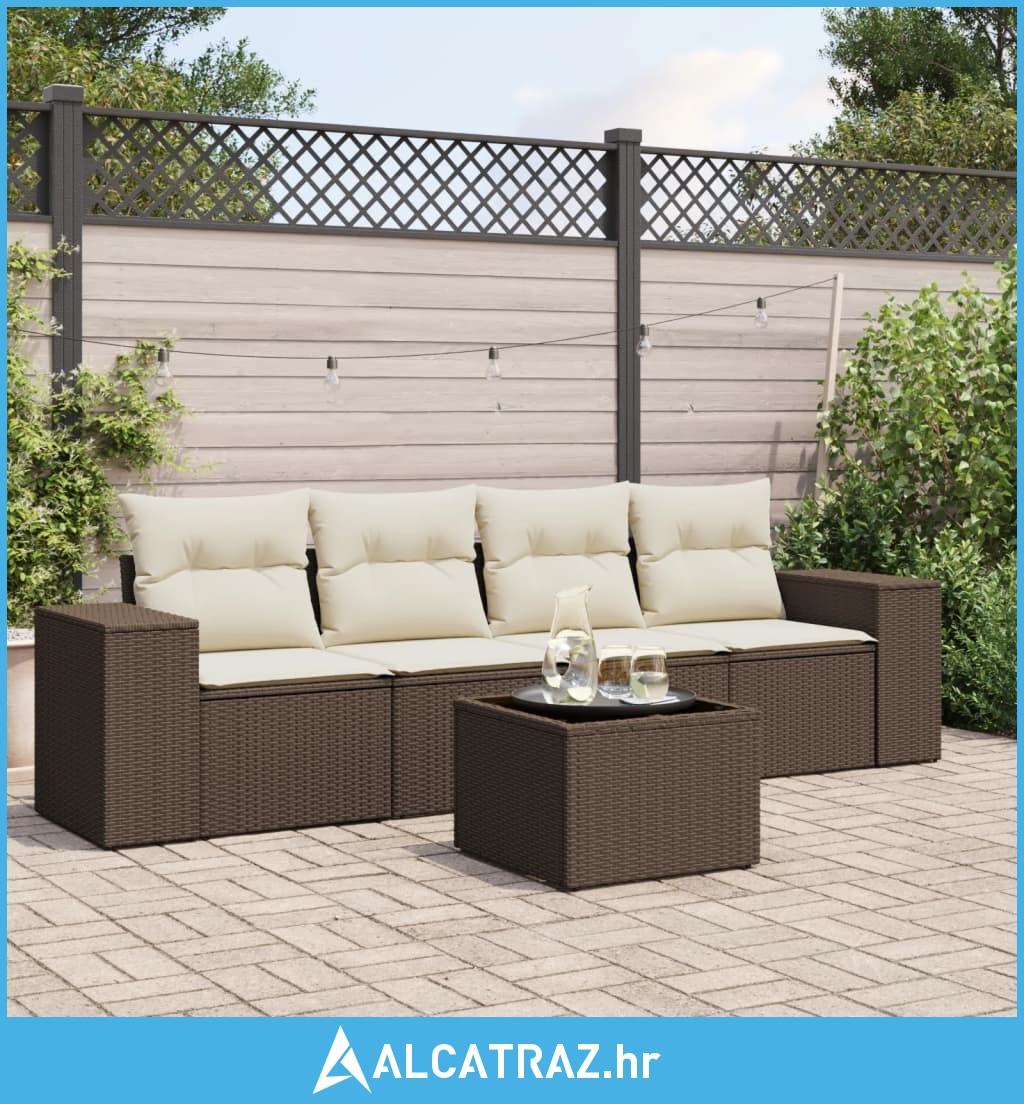 5-dijelni set vrtnih sofa s jastucima poliratan smeđi - NOVO