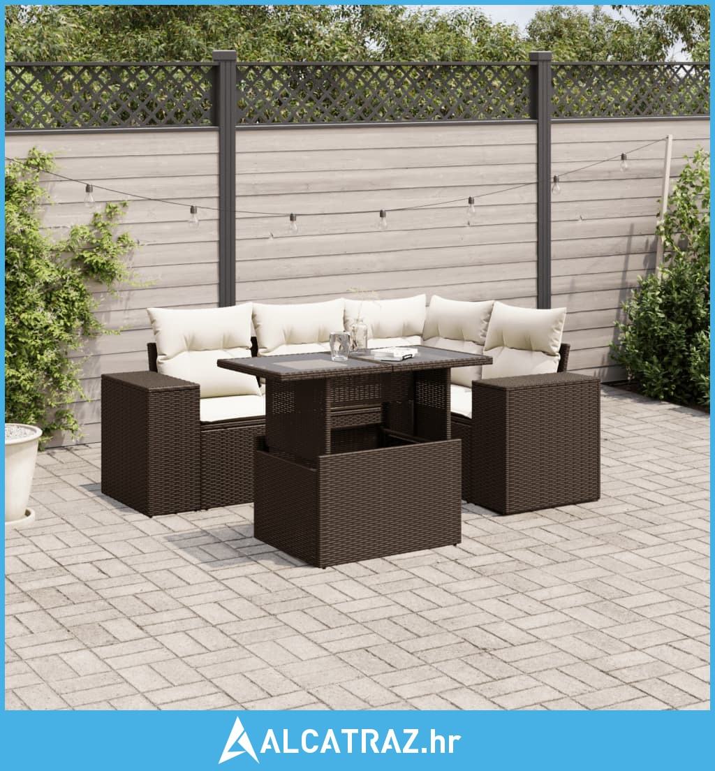5-dijelni set vrtnih sofa s jastucima poliratan smeđi - NOVO