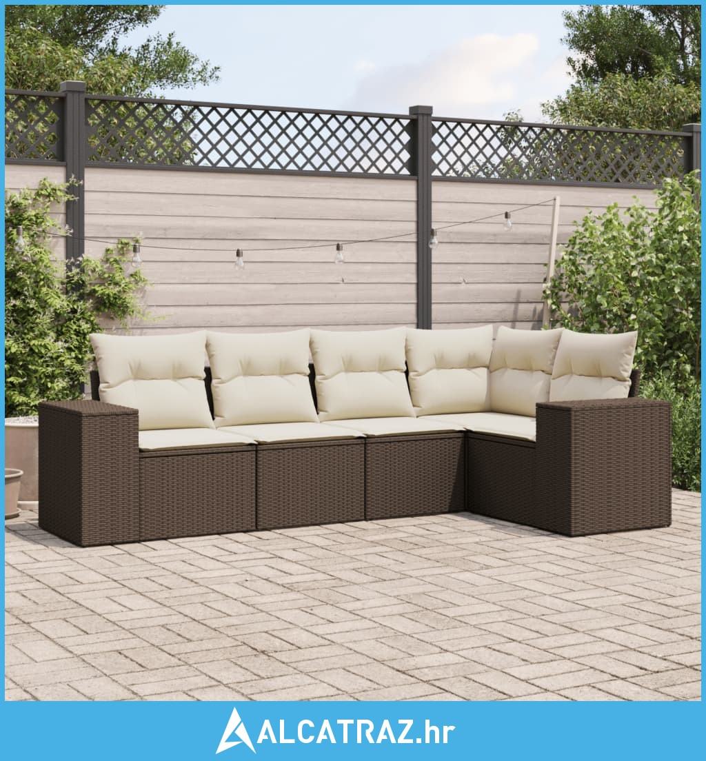 5-dijelni set vrtnih sofa s jastucima poliratan smeđi - NOVO