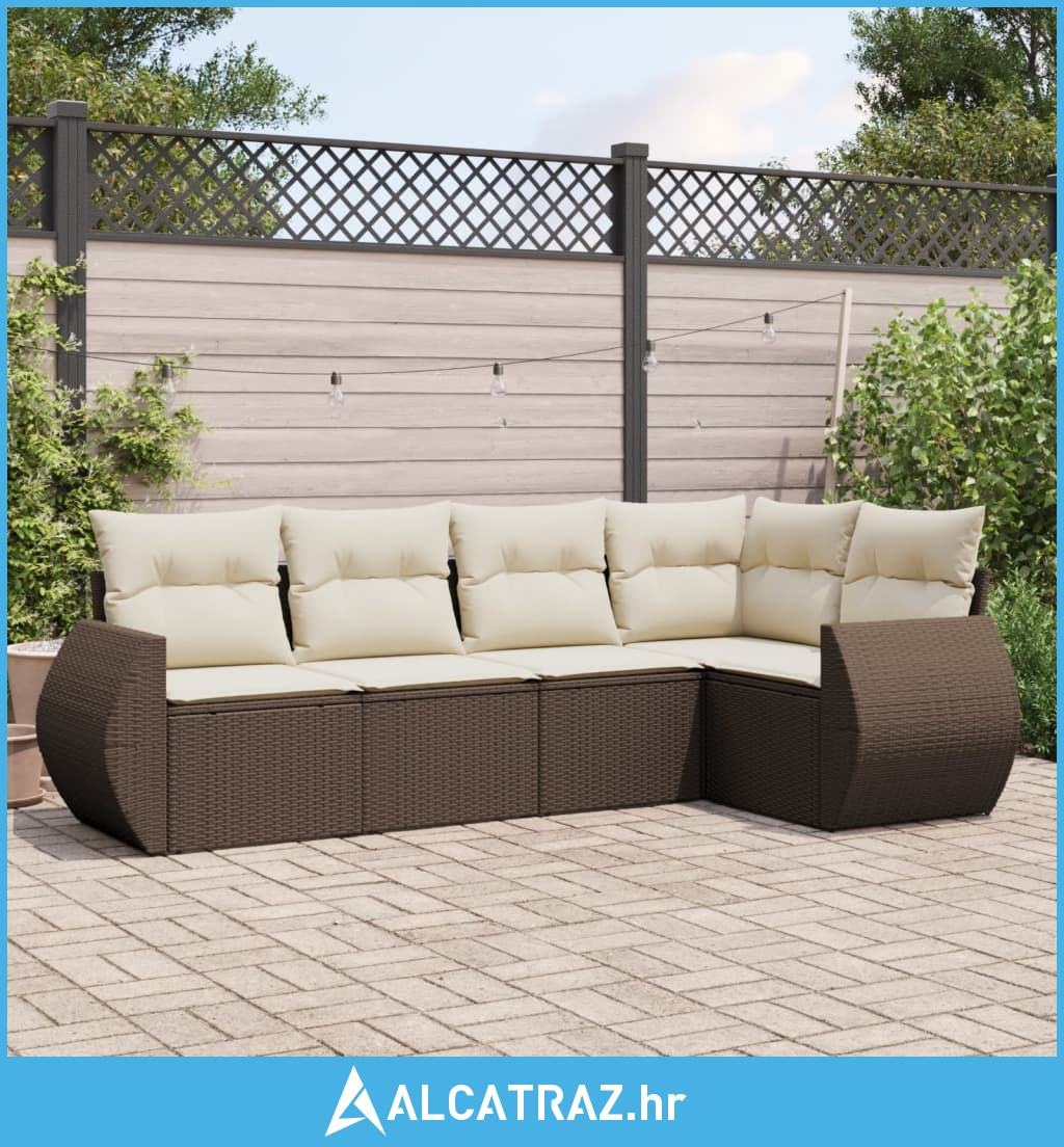 5-dijelni set vrtnih sofa s jastucima poliratan smeđi - NOVO