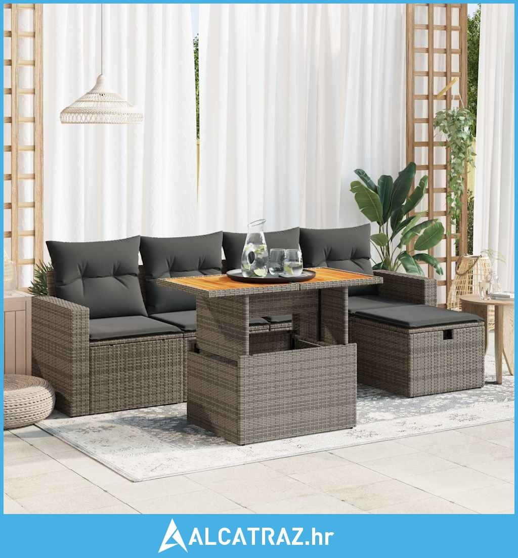6-dijelni set vrtnih sofa poliratan i bagrem s jastucima sivi - NOVO
